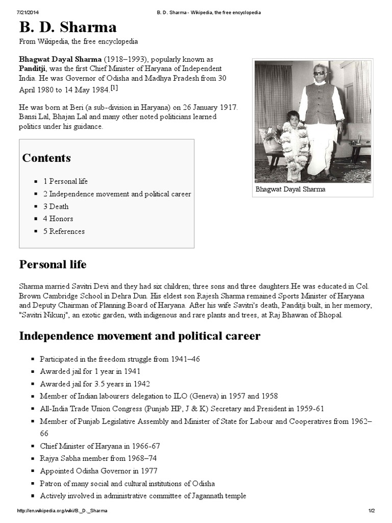 B. D. Sharma: From Wikipedia, The Free Encyclopedia | PDF | Politics Of ...