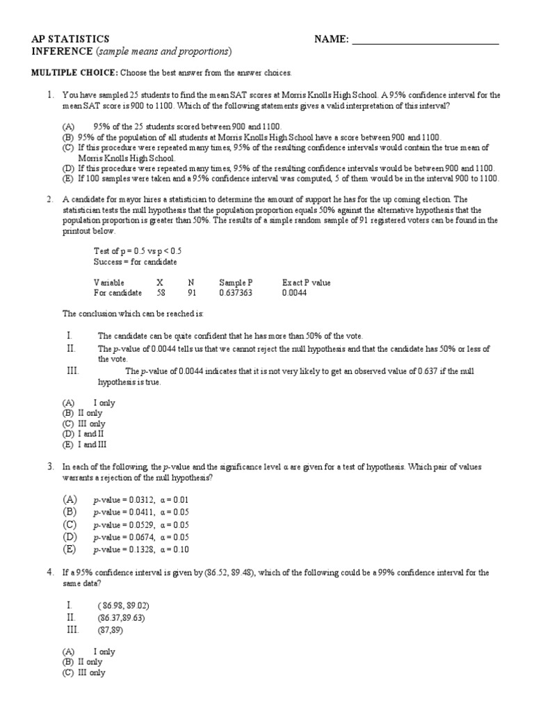 AP STATISTICS Inference Take Home Test | PDF | Confidence Interval ...