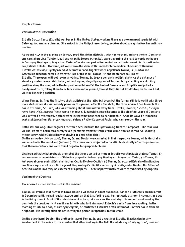 Homicide Case: People v. Tomas | PDF | Witness | Burden Of Proof (Law)