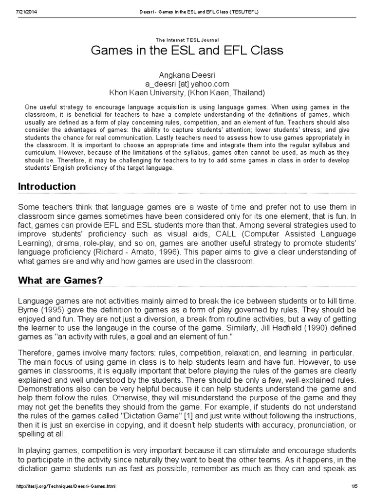 3.1 Games in The ESL and EFL Class (TESL - TEFL) | PDF | English As A ...