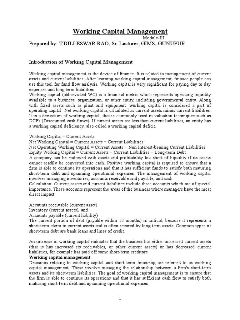 Working Capital Management: Prepared By: T.DILLESWAR RAO, Sr. Lecturer ...