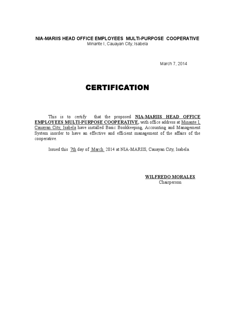Certification: Nia-Mariis Head Office Employees Multi-Purpose ...