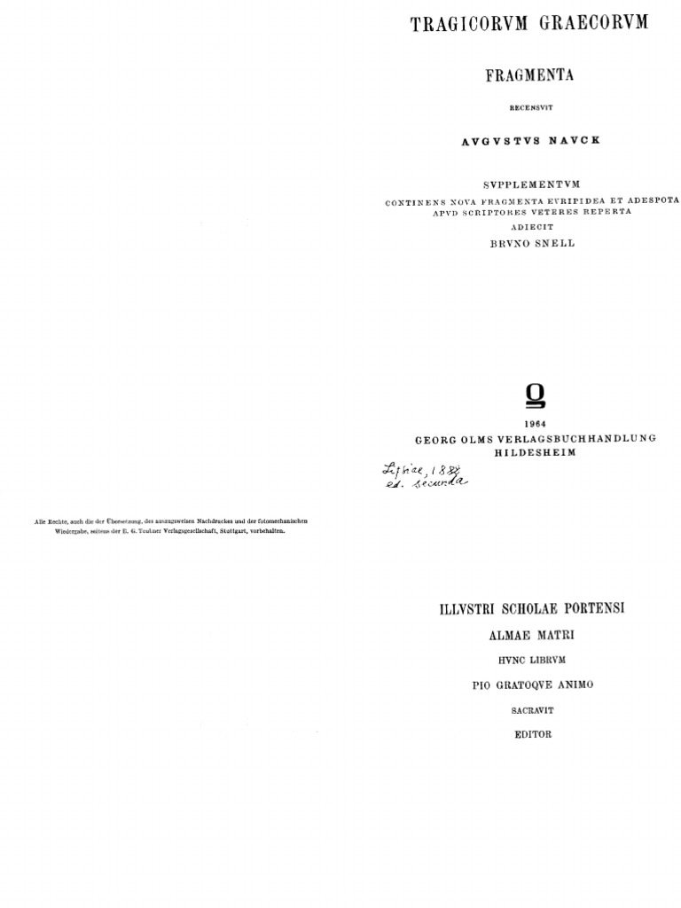Augustus Nauck, Bruno Snell-Tragicorum Graecorum Fragmenta (2nd Ed., Suppl. by B. Snell) | PDF ...