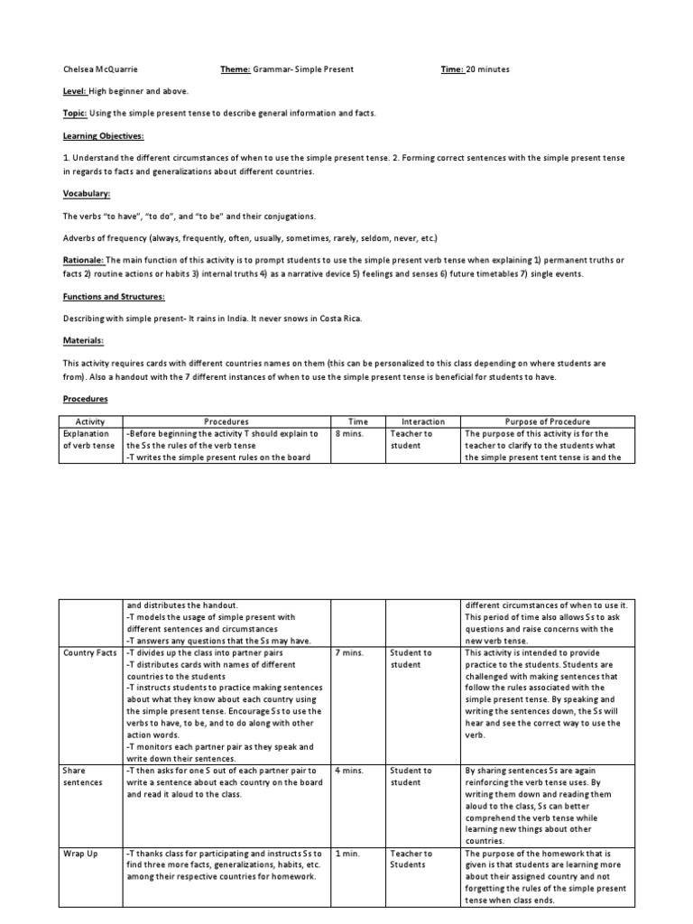 Grammar Simple Present Lesson Plan | PDF | Grammatical Tense | Verb