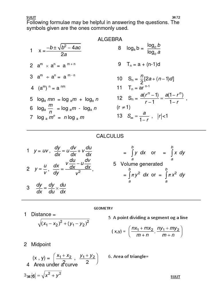 SPM Add. Maths Formulae | PDF
