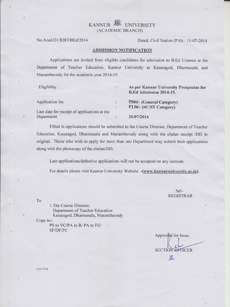 Kannur University B.Ed Admission | PDF | University And College ...