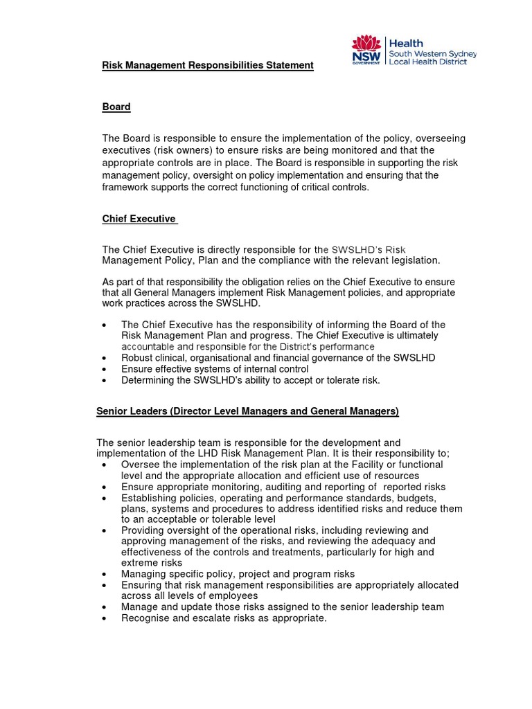 Risk Management Responsibilities Statement | PDF | Risk Management | Risk