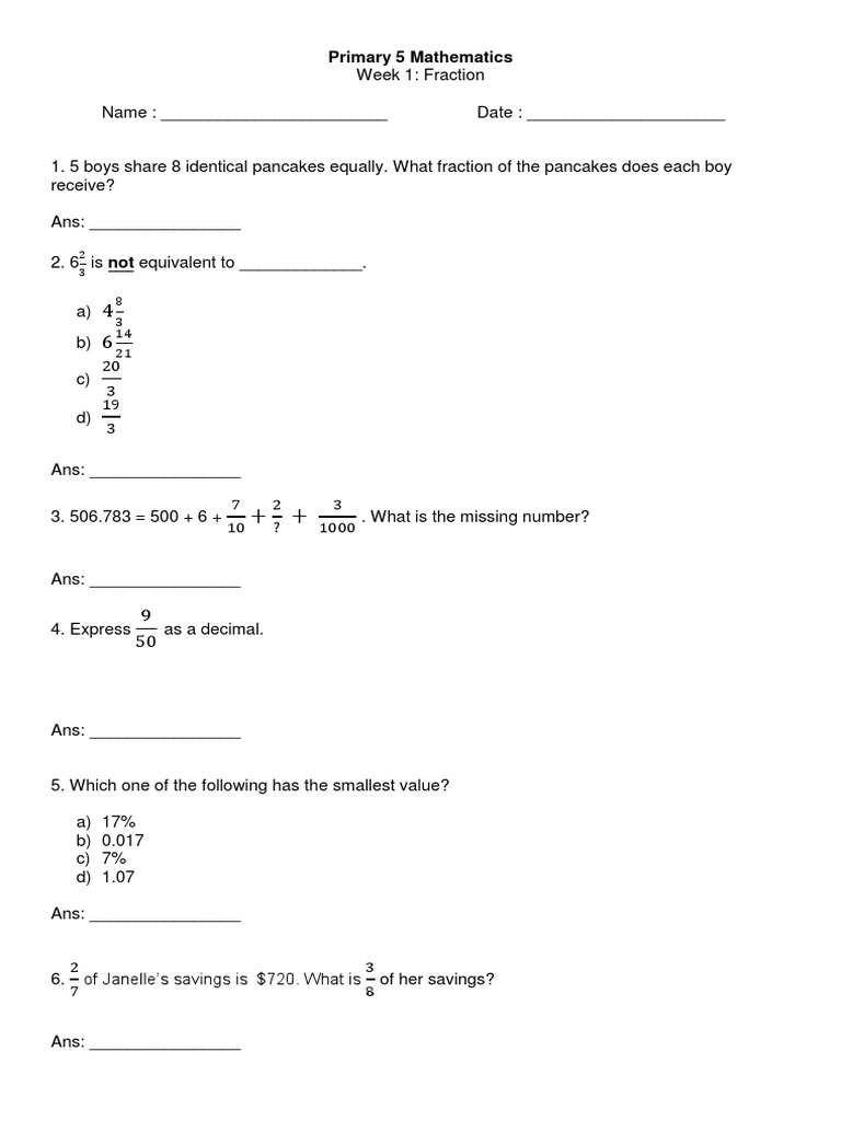 Primary 5 Fraction Worksheet | PDF | Fraction (Mathematics) | Notation