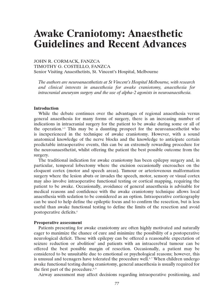 Awake Craniotomy Anaesthesia Guide | PDF | Anesthesia | Surgery