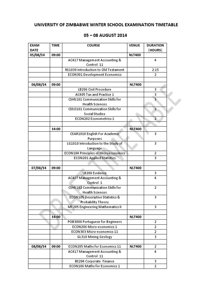 Winter School Draft Examination Timetable | PDF