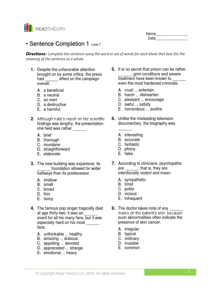 Level 7 Sentence Completion 1 Pdf