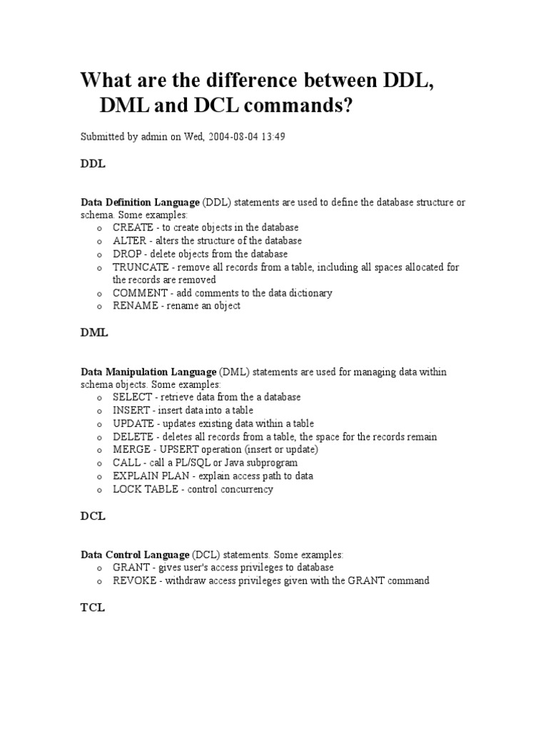 What Are The Difference Between DDL, DML and DCL Commands? | PDF ...