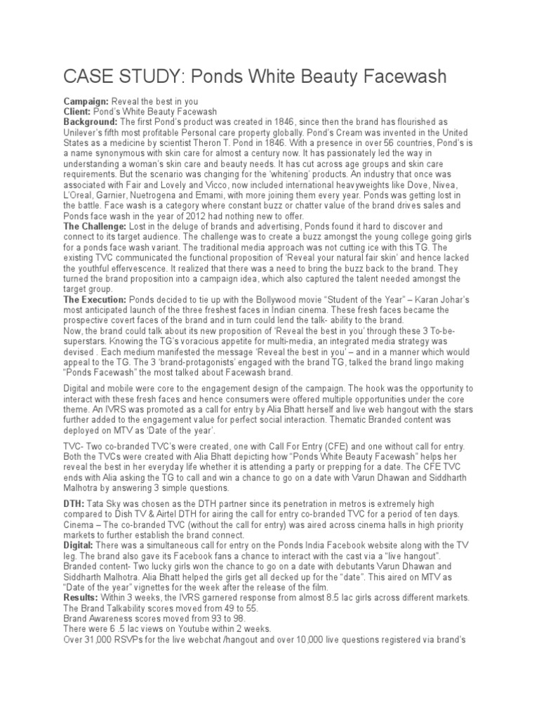 Ponds White Facewash Case Study | PDF | Leisure