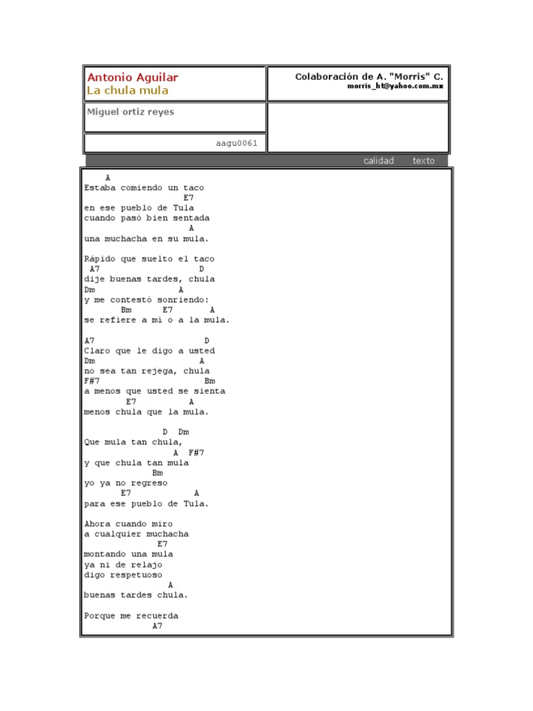 Letra de "La Chula Mula" | PDF
