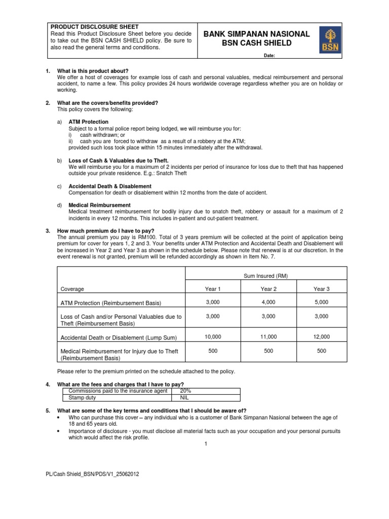 Bank Simpanan Nasional BSN Cash Shield: Product Disclosure Sheet | PDF ...
