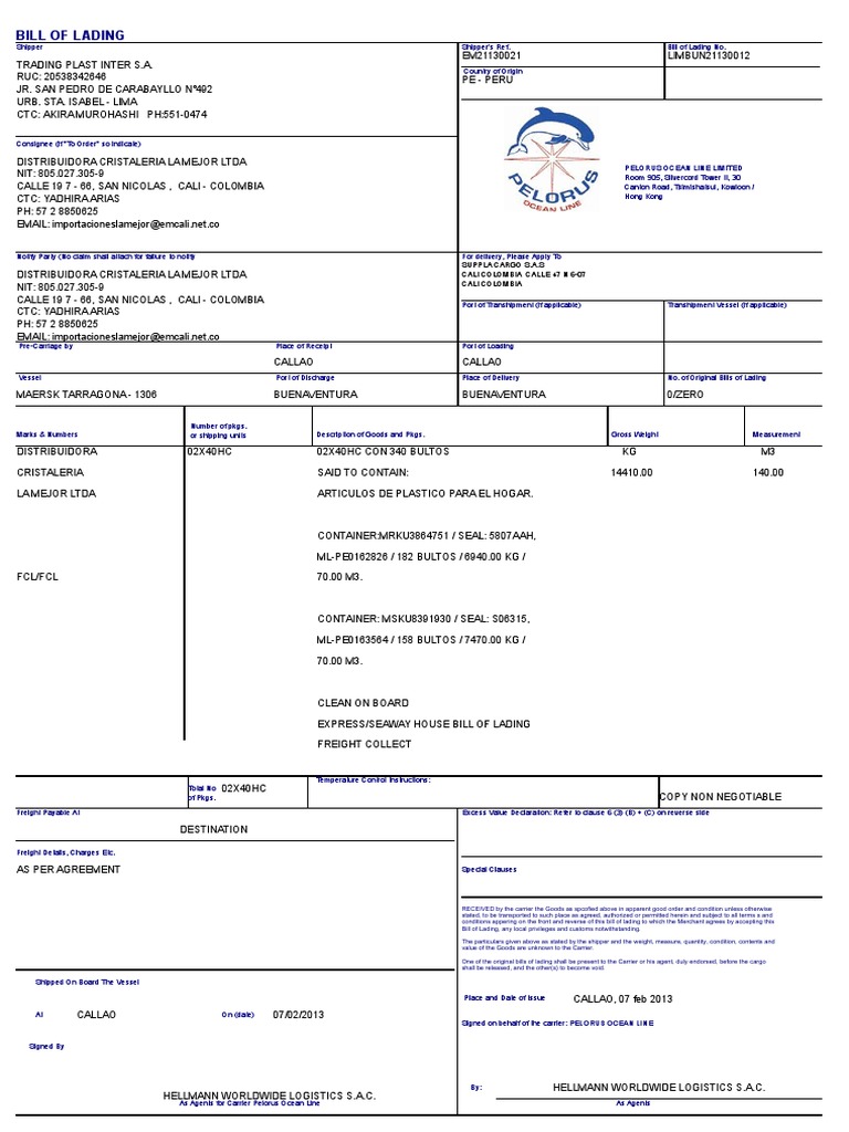 BL (La Mejor) | Bill Of Lading | Cargo
