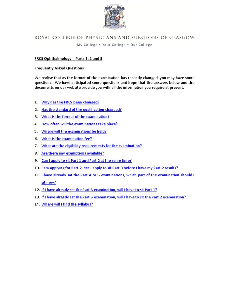 FRCS Ophthalmology Exam FAQs | PDF | Test (Assessment) | Educational ...
