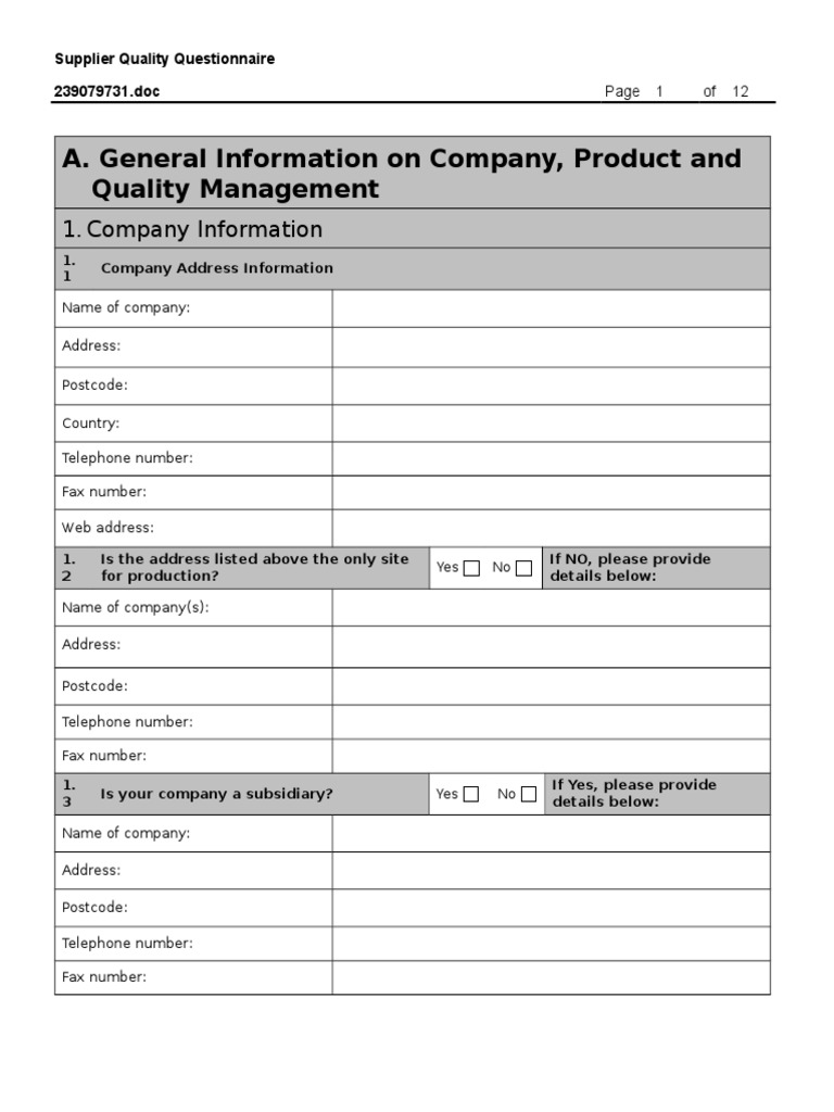 SupplierQuestionnaire SectionA General Info Modified | PDF | Business