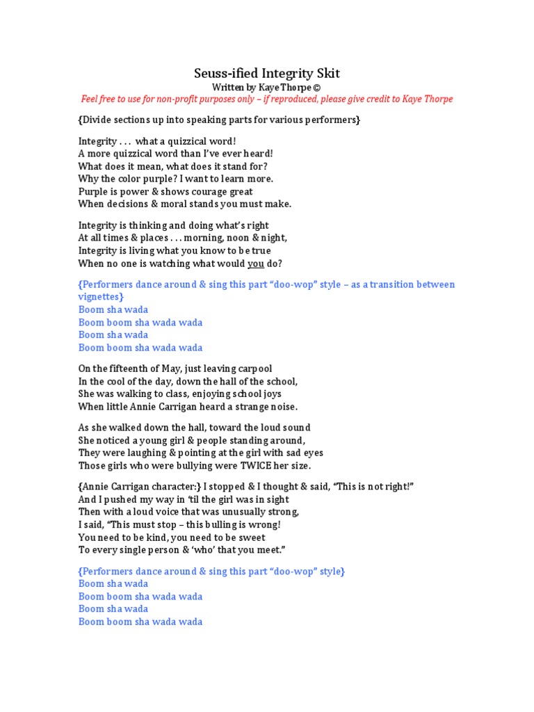 Seussified Integrity Skit | PDF | Poetry