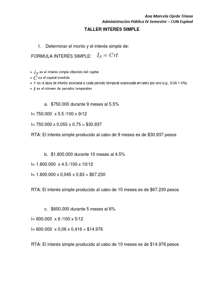 Taller Interes Simple - Ana Marcela Ojeda Triana | PDF | Interés | Pagos