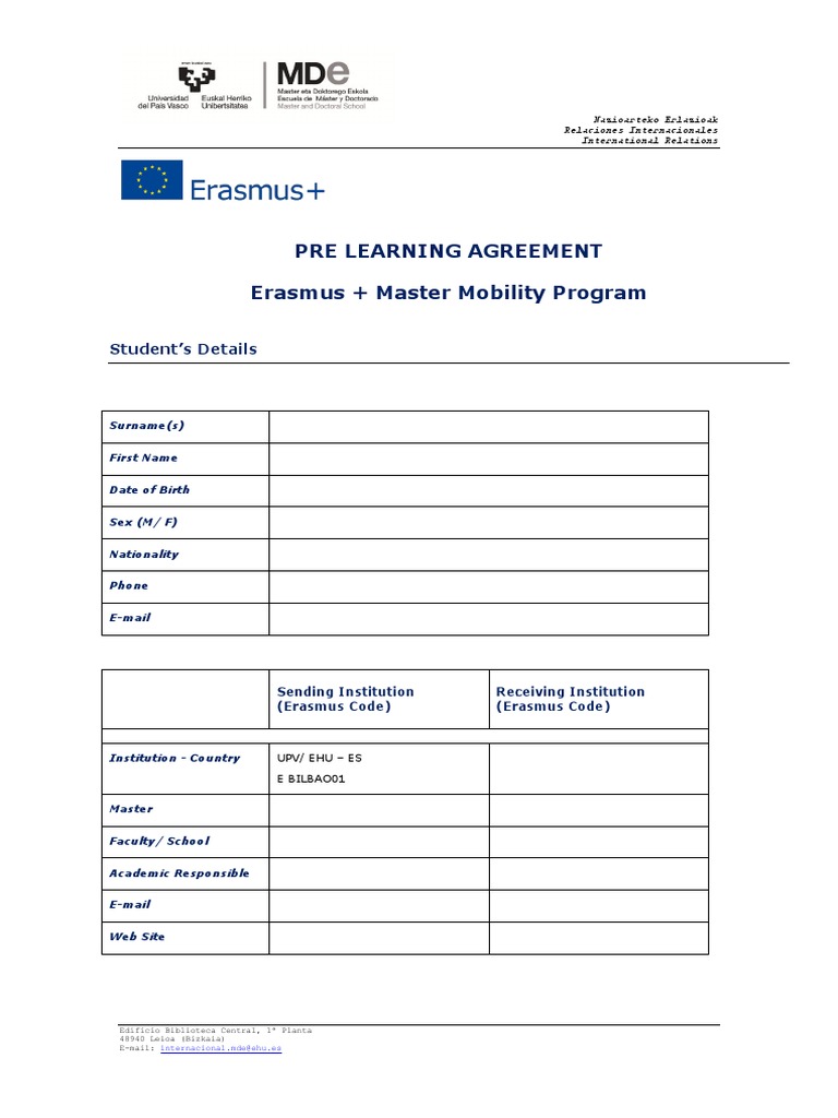 Pre Learning Agreement Erasmus + Master Mobility Program: Student's ...