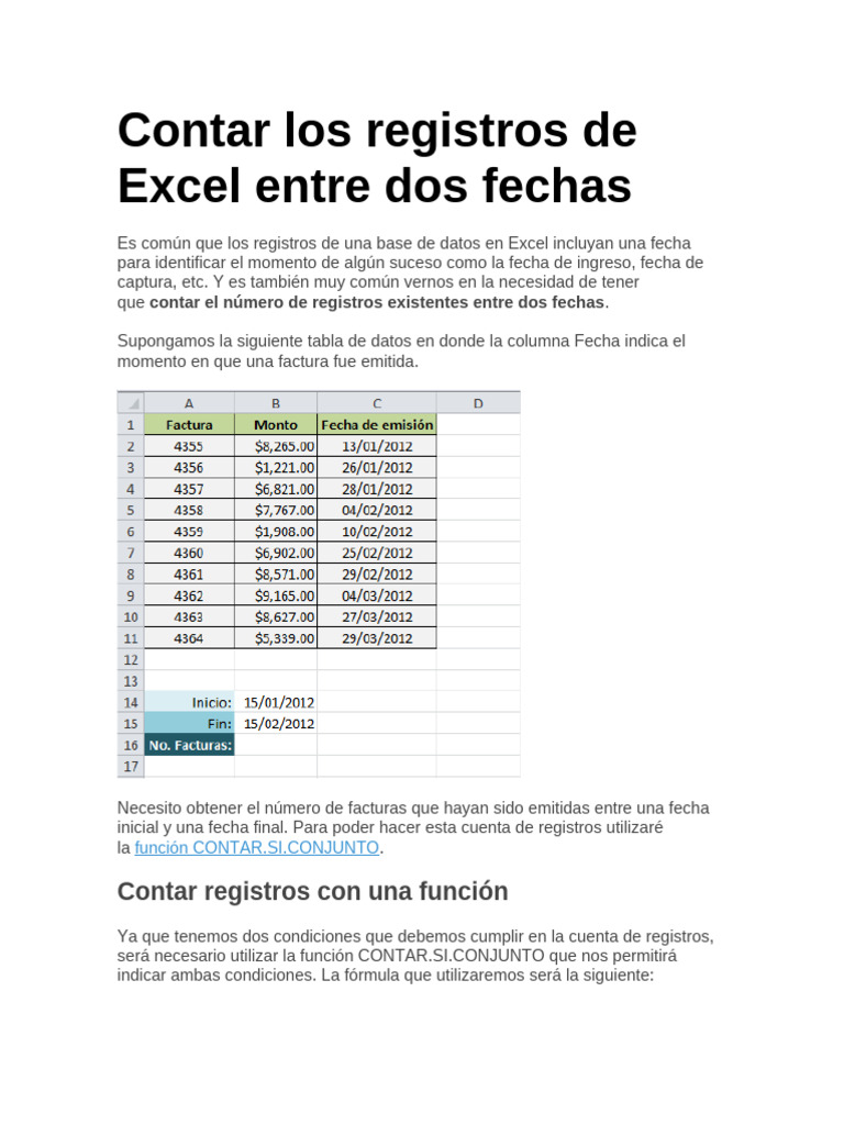 Contar Los Registros de Excel Entre Dos Fechas | PDF | Fórmula | Microsoft Excel