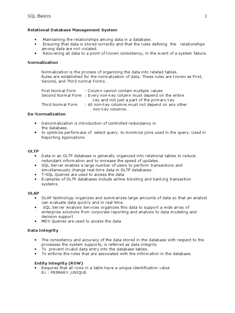 Sql Basics 1 Relational Database Management System Pdf Database Transaction Microsoft Sql