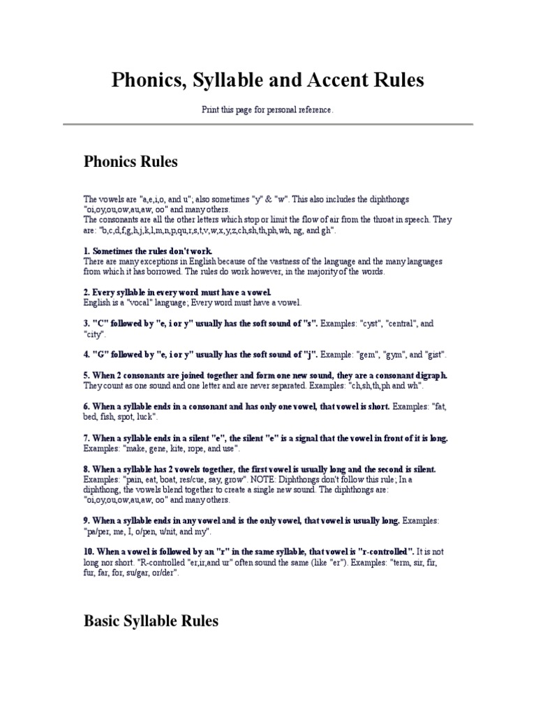 Phonics Syllables and Accent Rules | PDF | Stress (Linguistics) | Consonant