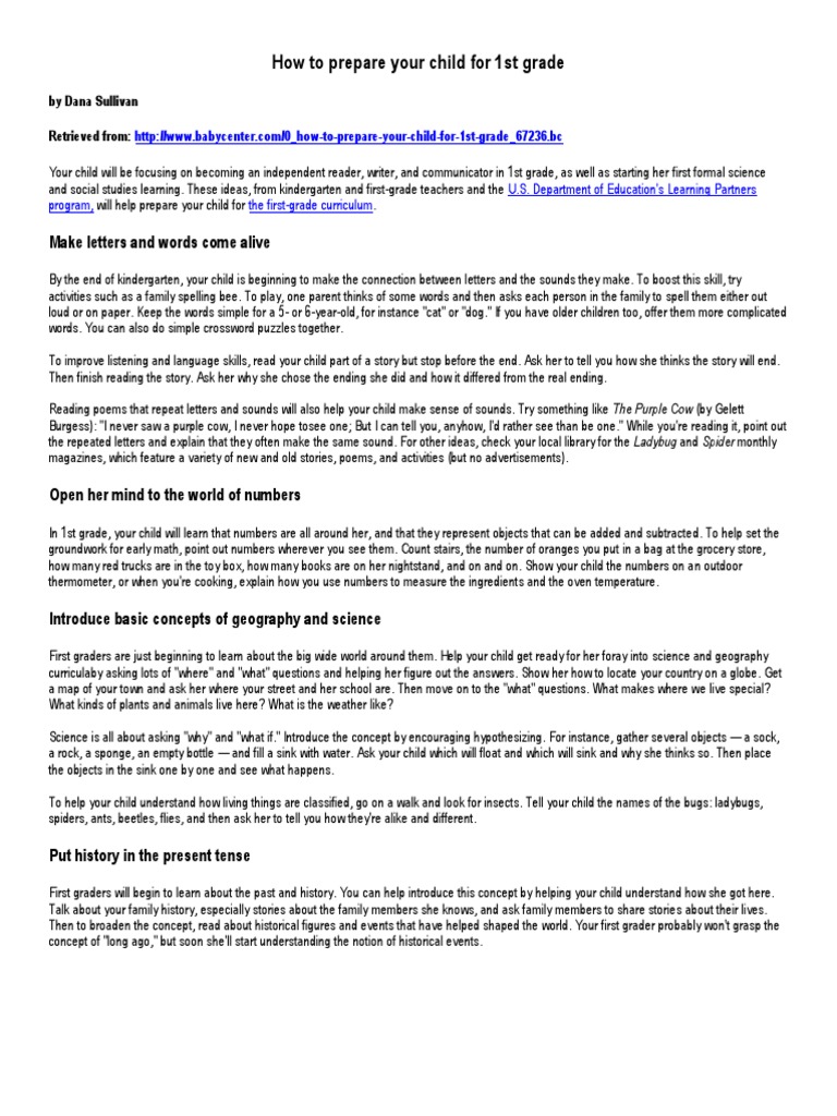 Preparing Your Child for 1st Grade | PDF | Reading (Process) | Classroom