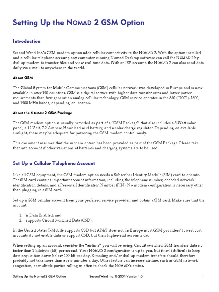 Setting Up The Nomad 2 GSM Option | PDF | Modem | Internet Service Provider