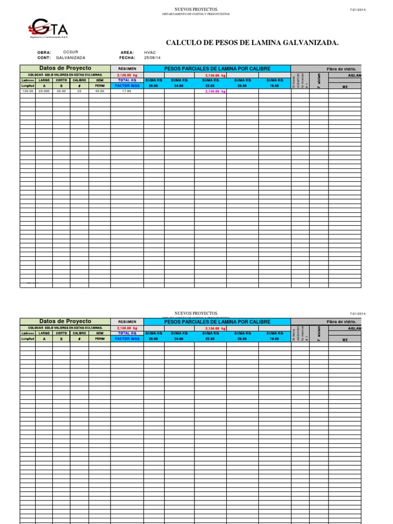 Tabla Para Calculo De Lamina Ductos Pdf