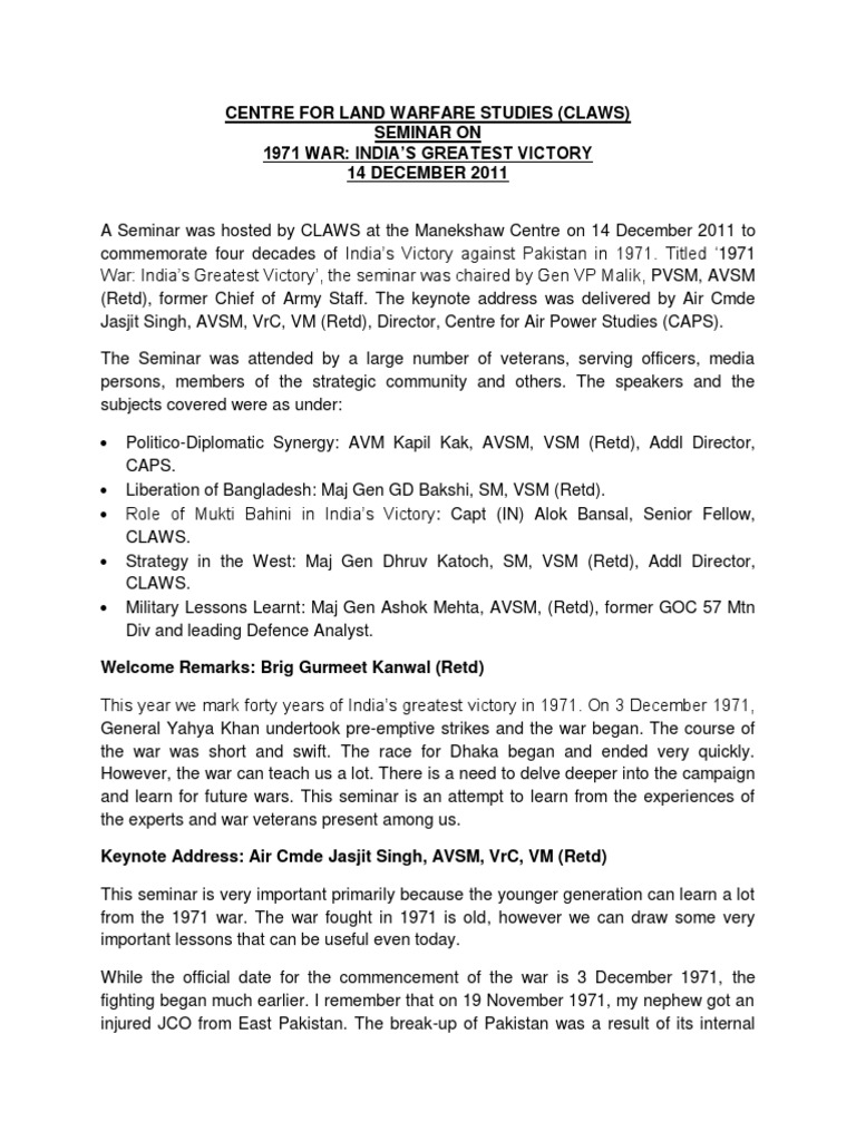 Seminar Report 1971 War CLAWS | PDF | Military Organization | Military
