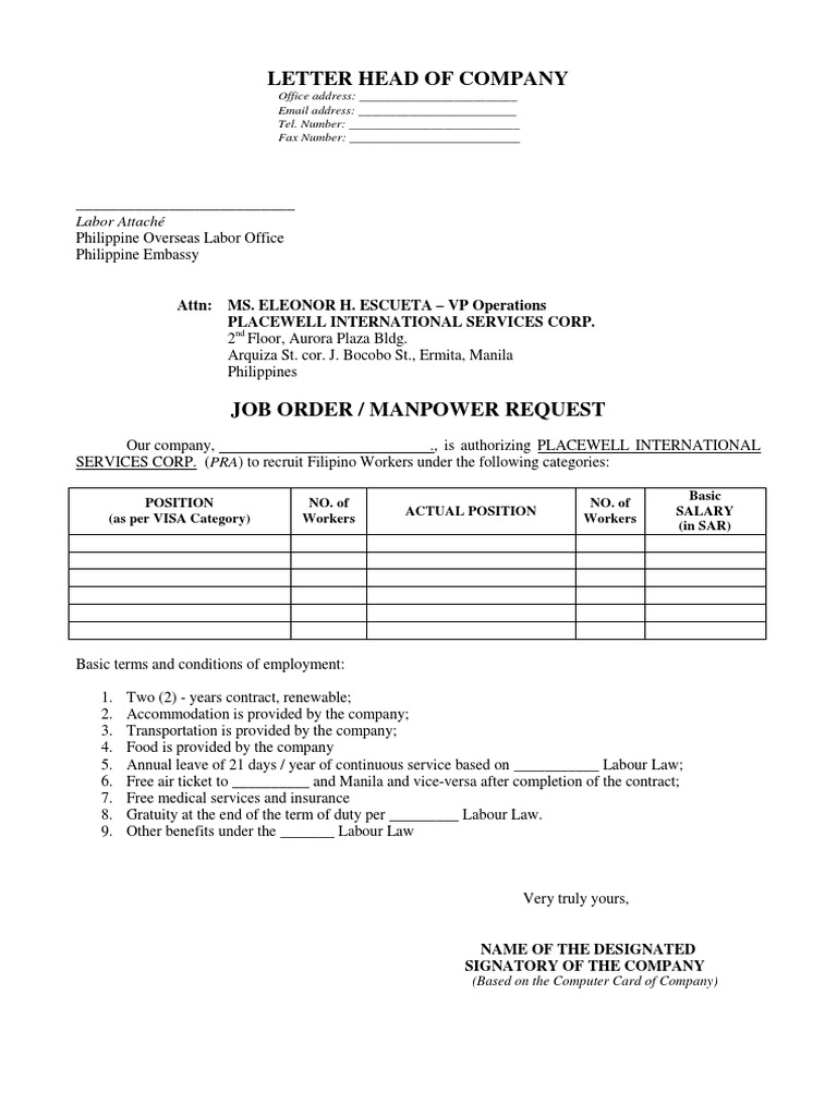 Job Order for Filipino Workers Recruitment | PDF