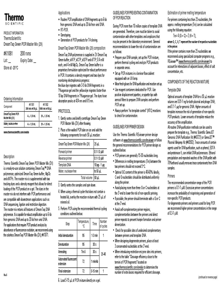 Dream Taq Green MM #k1081 | PDF | Polymerase Chain Reaction | Primer ...