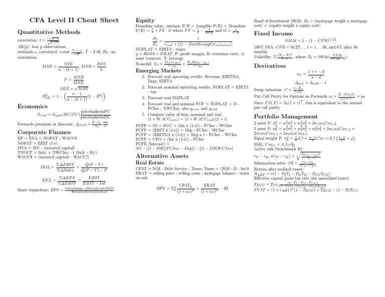 CFA Level II Cheat Sheet: Equity Fixed Income | PDF | Equity (Finance ...