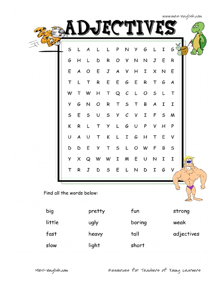 Free Printable Adjectives Word Searches and Adjectives Worksheets