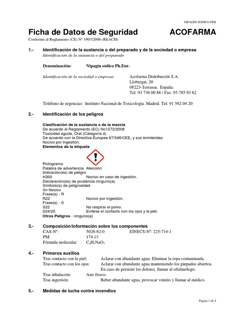 Ficha de Datos de Seguridad, Nipagin Sodico | Toxicidad | Residuos