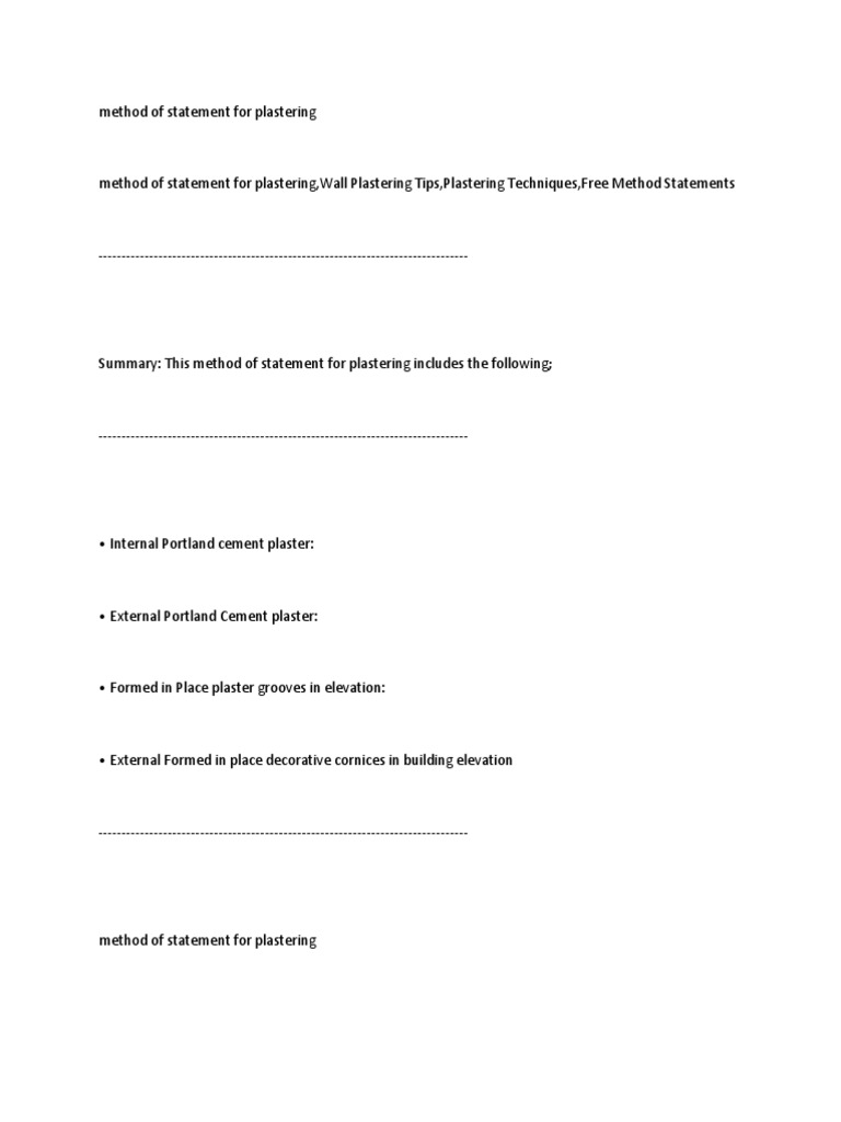 Method of Statement For Plastering | PDF | Plaster | Concrete