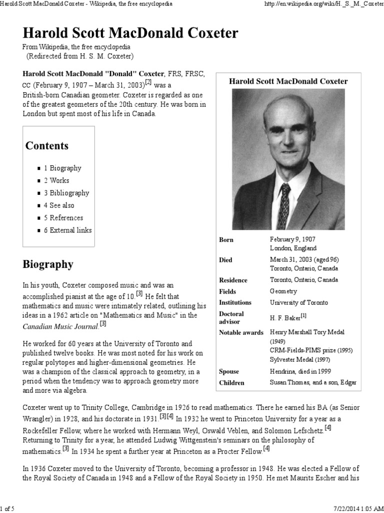 Harold Scott MacDonald Coxeter - Wikipedia, The Free Encyclopedia ...