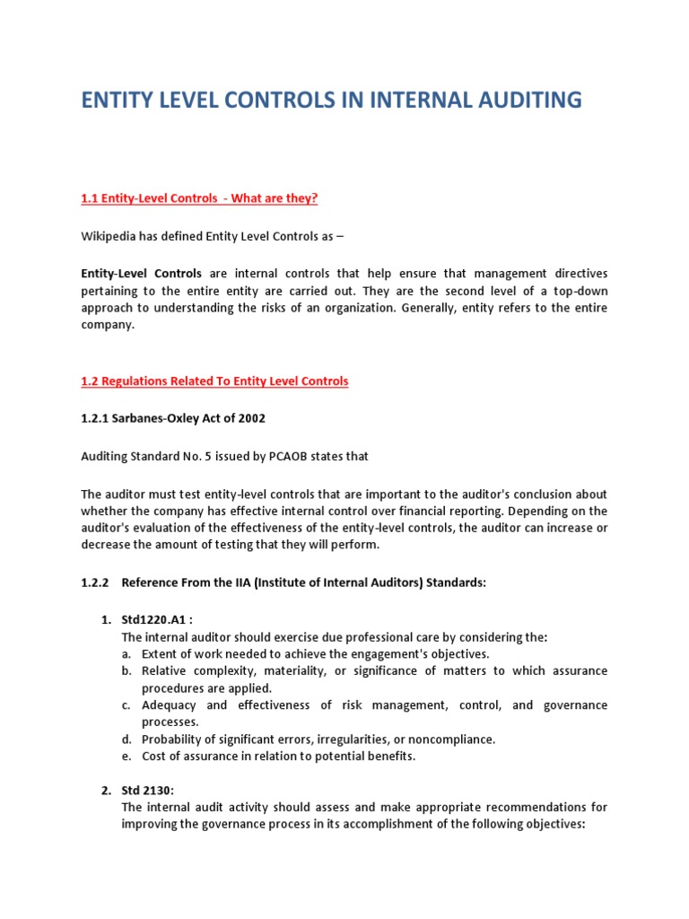 Entity Level Controls in Internal Auditing | PDF | Internal Audit | Audit Committee