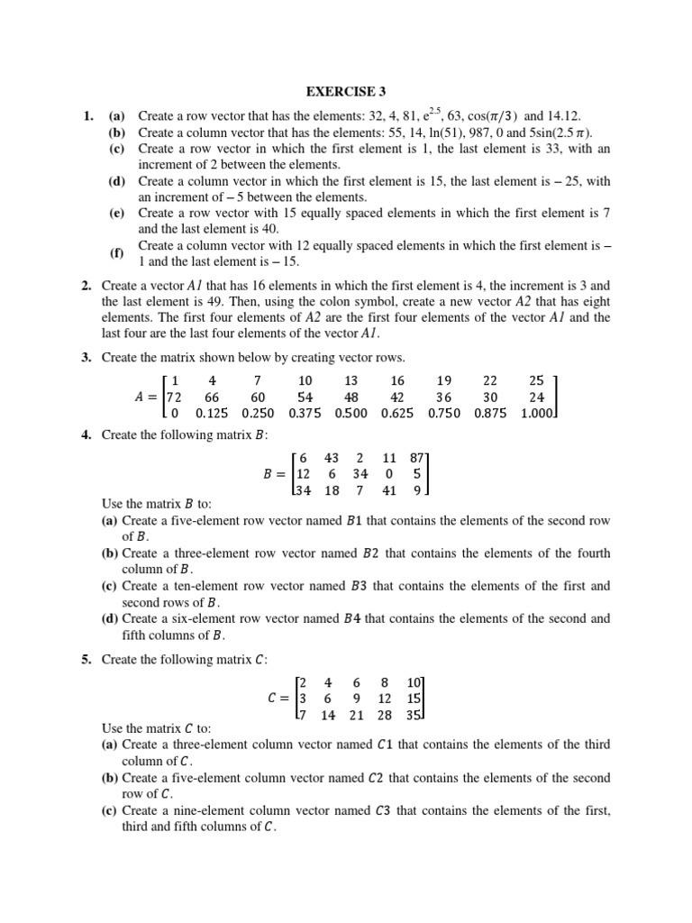 Matlab Exercise 3 Pdf Array Data Structure Matrix Mathematics
