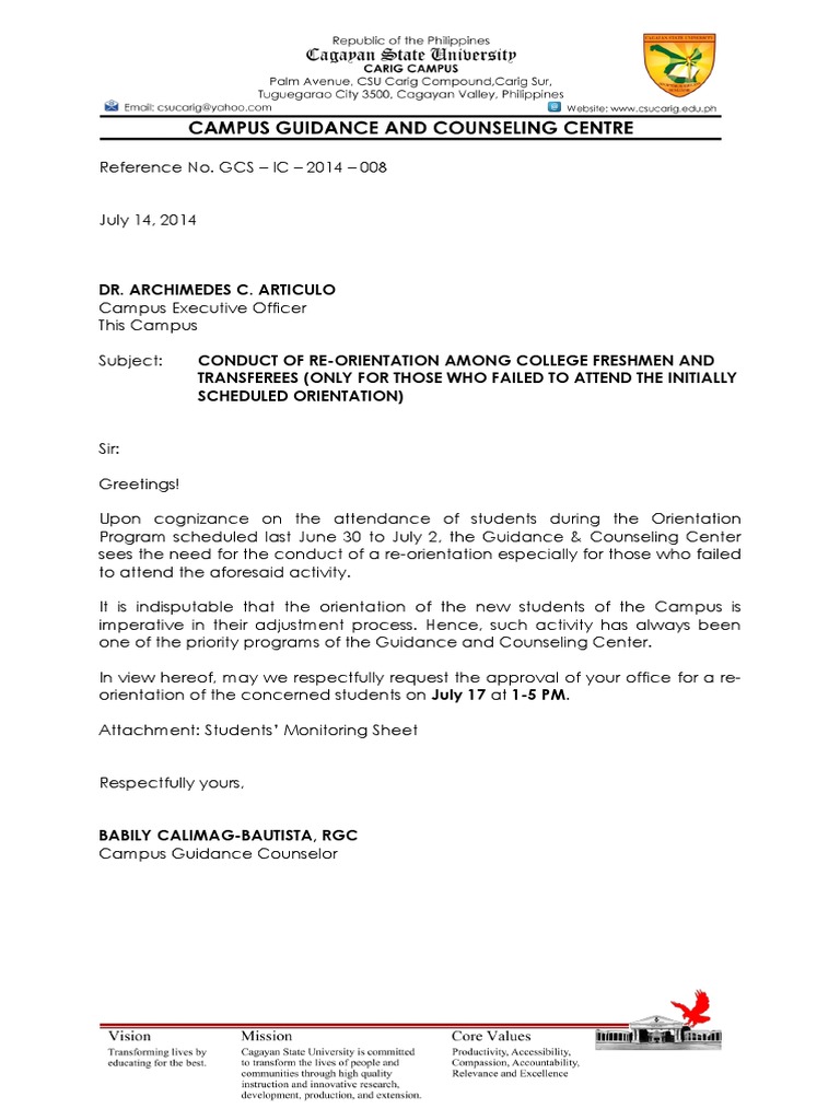 Letter Re Orientation | School Counselor | Students