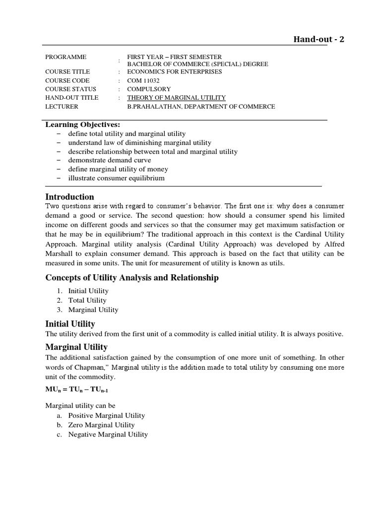 Theory Of Marginal Utility Analysis Pdf Utility Marginal Utility