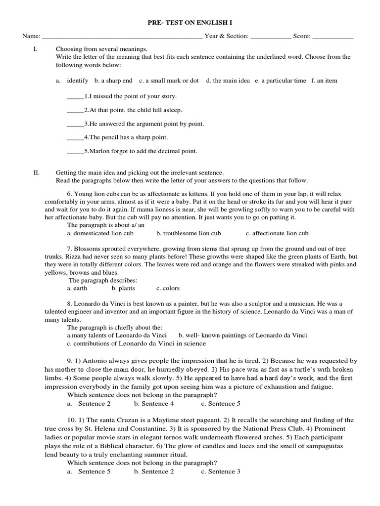 Grade 7 English Pre-Test Questions | PDF | Photosynthesis | Earth