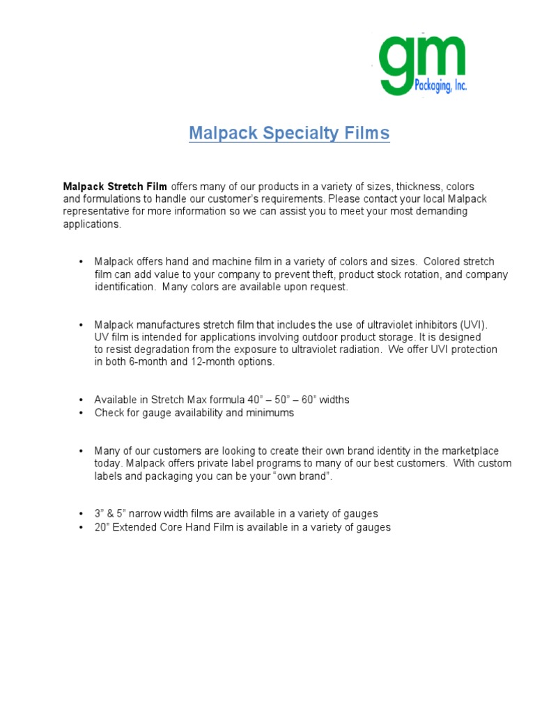 Malpack Specialty Stretch Film Overview | PDF | Business