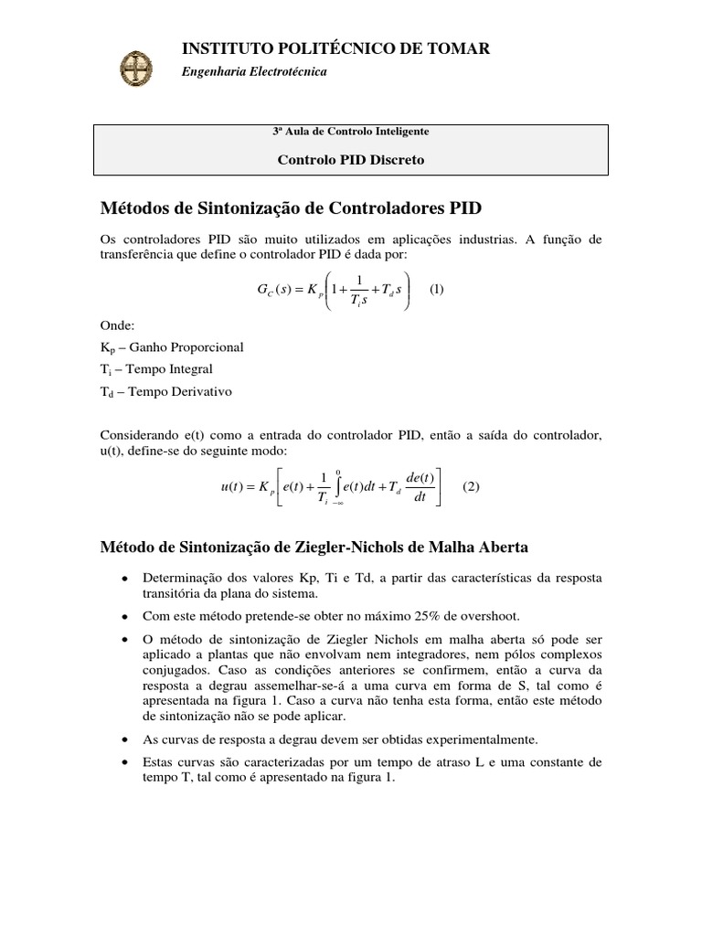 Controle PID Discreto - Método de Ziegler-Nichols e Exercícios | PDF