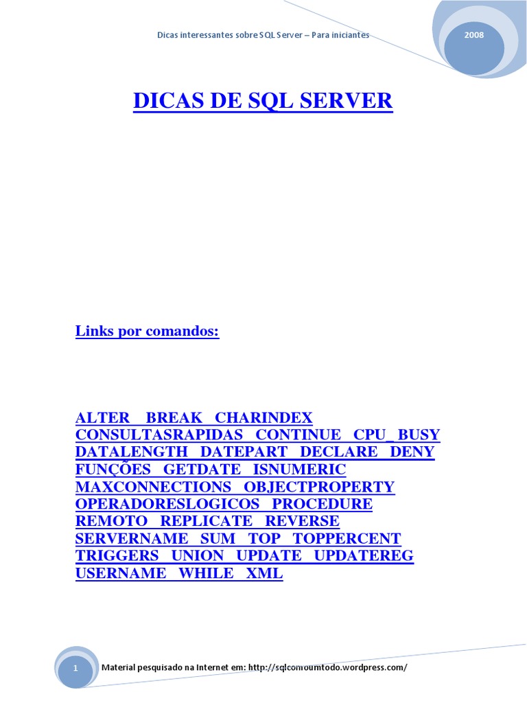 Dicas de Consultas SQL Server | PDF | SQL | Lógica