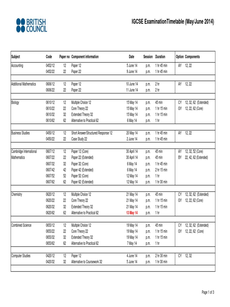 IGCSE Exam Timetable May/June 2014 | PDF | Cognition | Science