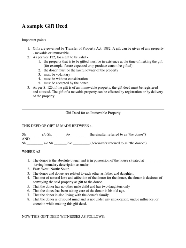 A Sample Gift Deed | Gift | Deed