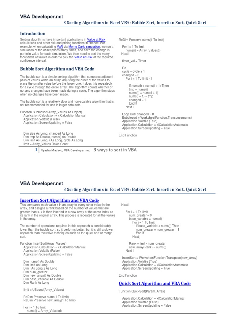 Sorting Vba Bubble Insertion Quick | PDF | Option (Finance) | Microsoft ...